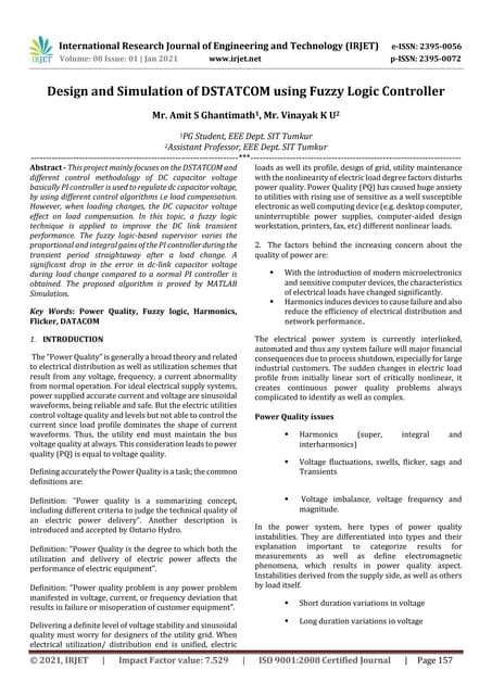 Irjet Design And Simulation Of Dstatcom Using Fuzzy Logic Controller Pdf