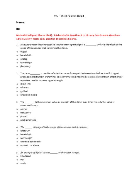 Computer Networks Quiz SVU CS Fall QUIZ Name ID Mark With Ball Pen Blue Or