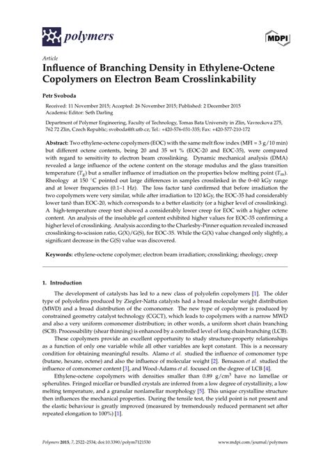 Pdf Influence Of Branching Density In Ethylene Octene Copolymers On Electron Beam Crosslinkability