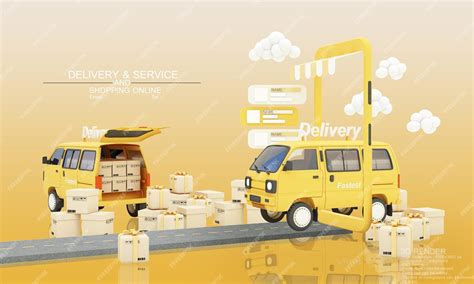 모바일 응용 프로그램의 전자 상거래 개념 배달 서비스 전화 및 온라인 메시지를 통한 밴 및 트럭의 운송 배달 도로 노란색 톤 3d 렌더링 Psd의 제품 패키지 선물 상자
