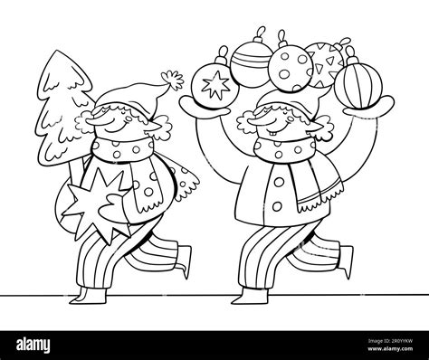 Christmas Illustration With Two Elfs Holiday Outline Illustration For