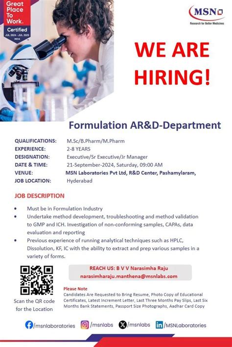 Dinesh Baratam On Linkedin Msn Laboratories Hiring For Professionals