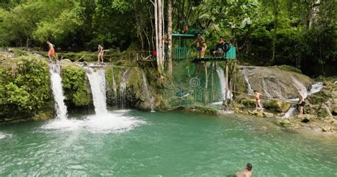 A Woman Jump Into Waterfall In Siquijor Philippines Stock Video