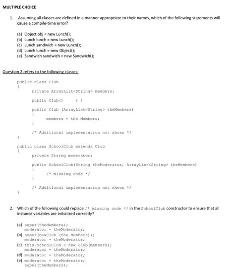 solved multiple choice 1 assuming all classes are defined
