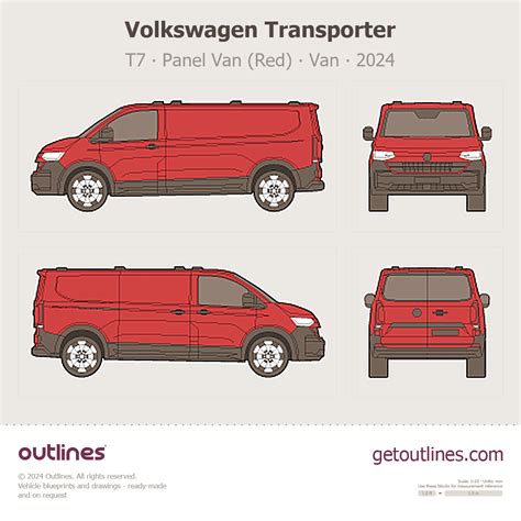 2024 Volkswagen Transporter T7 Panel Van Red Van Drawings Download