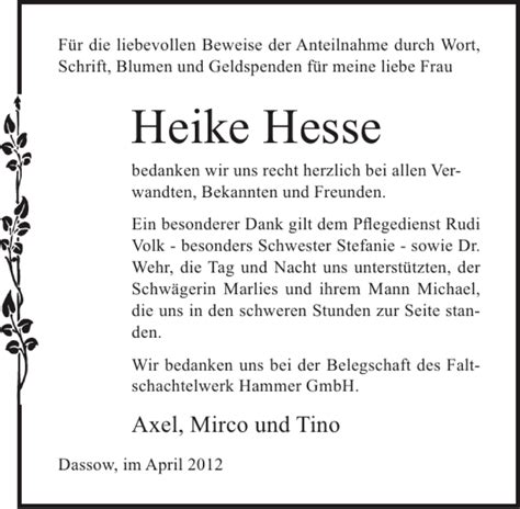 Traueranzeigen Von Heike Hesse Trauer Anzeigen De