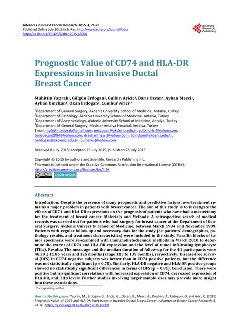 Pdf Prognostic Value Of Cd74 And Hla Dr Expressions In Invasive