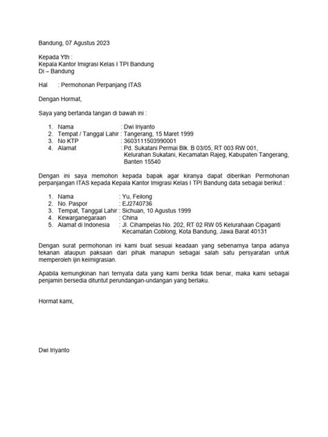 Surat Permohonan Itas Pdf