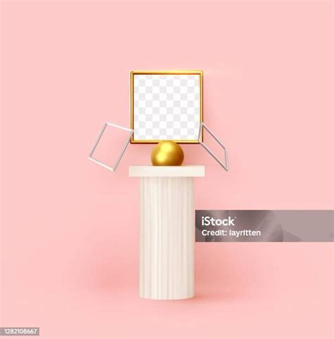 3d 사실적 개체 디자인이 있는 추상적 배경입니다 인테리어 아트 설치 요소 구성 골동품 콘크리트 흰색 기둥 황금 공 벽에 사각형 사진 프레임입니다 배경 핑크 색상 0명에