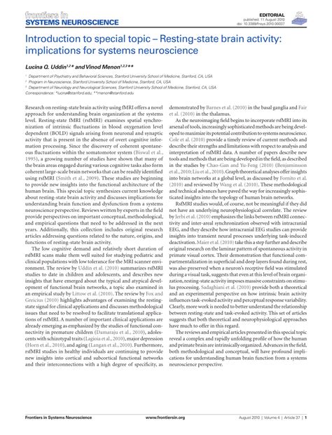 Pdf Introduction To Special Topic Resting State Brain Activity Implications For Systems