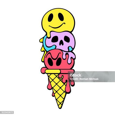 와플 콘에 녹는 아이스크림 캐릭터 복고풍 낙서 만화 디자인 길거리 착용과 스티커를 위한 벡터 일러스트레이션 기이함에 대한 스톡 벡터 아트 및 기타 이미지 Istock
