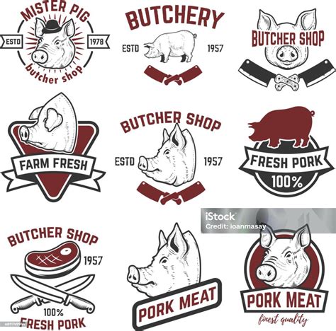농장 신선한 돼지 고기 엠 블 럼 라벨 사인에 대 한 요소를 디자인 합니다 벡터 일러스트입니다 로고에 대한 스톡 벡터 아트 및 기타 이미지 Istock