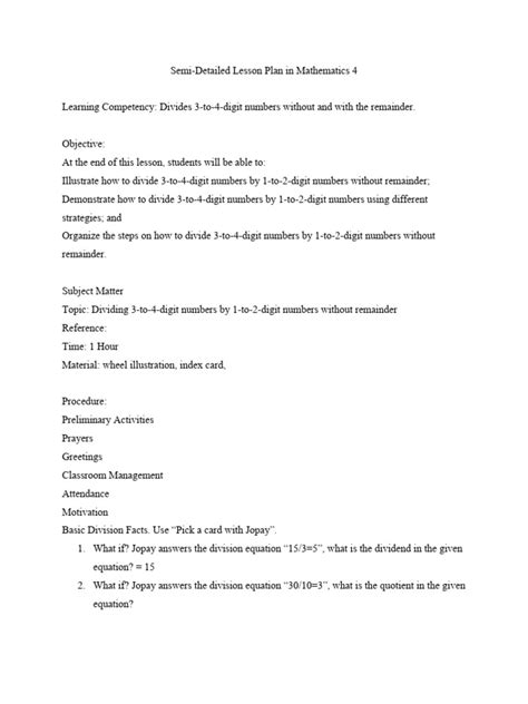 Semi Detailed Lesson Plan In Mathematics 4 Pdf Division Mathematics Mathematics