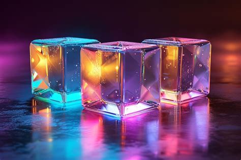 빛나는 크리스탈 유리 큐브는 어두운 배경에 굴절과 홀로그램 효과를 가지고 있으며 투명한 유리 상자는 다채로운 빛의 경사 3d 디자인으로 회전합니다 프리미엄 Ai 생성 이미지