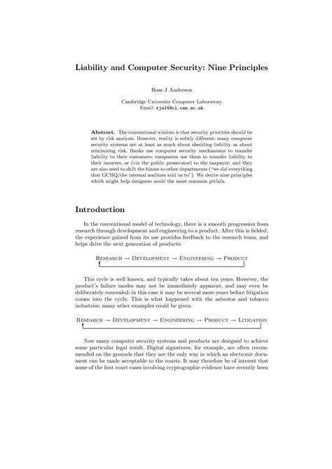 Liability And Computer Security The Computer Laboratory Liability