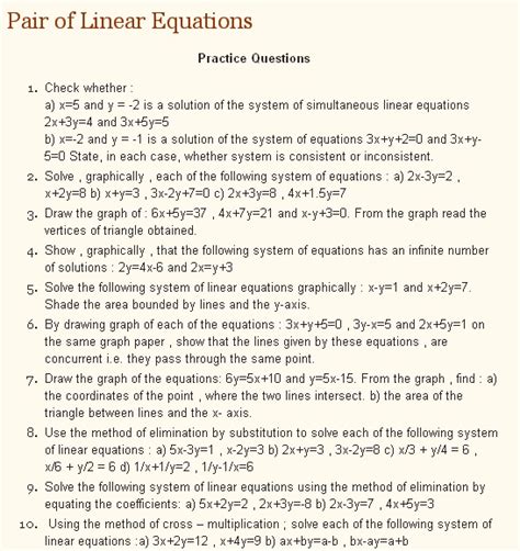 Pair Of Linear Equations Practice Questions Teaching Algebra Maths Algebra Teaching Math