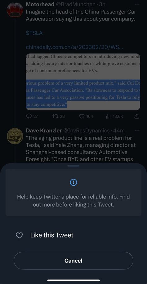 warning pops up if you try to like a particular tweet critical of tesla r enoughmuskspam