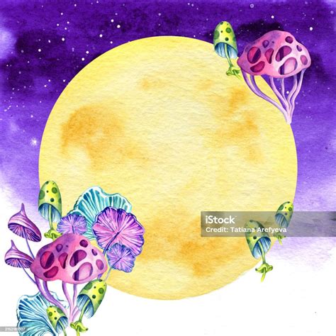노란 달 배경 마법의 다채로운 식물 곰팡이 마젠타 라일락 보라색 색상의 손으로 그리기 그림 환상적인 여러 가지 빛깔의 우주 버섯과 별의 네온 수채화 그림 가공의 인물에 대한