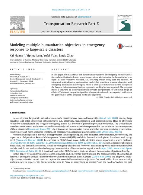 Pdf Modeling Multiple Humanitarian Objectives In Emergency Response To Large Scale Disasters