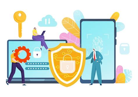 Technology Personal Computer Security Software Tiny Character Work Together Programmer Flat