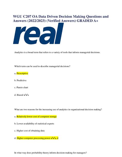 wgu c207 oa data driven decision making questions and answers 2022 2023