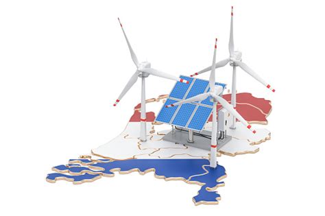 신 재생 에너지와 네덜란드 지속 가능한 개발 개념 흰색 배경에 고립 된 3 차원 렌더링 네덜란드에 대한 스톡 사진 및 기타 이미지 네덜란드 지도 태양전지판 Istock