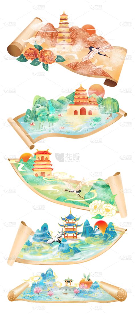 2309SC 素材组合 中国风 国潮园林画卷建筑元素