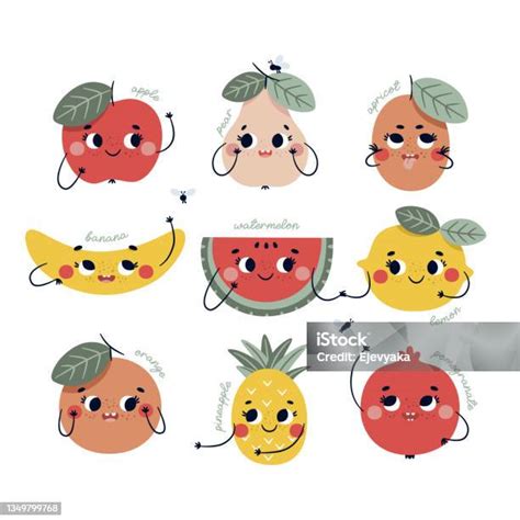 재미있는 과일 캐릭터와 귀여운 벡터 만화 포스터 애플 배 살구 바나나 수박 레몬 오렌지 파인애플 석류 보육실 장식을 위한 만화 일러스트 어린이 디자인 감귤류 과일에 대한