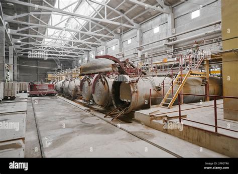 Autoclaves For Hardening Concrete Bricks In Plant Workshop Stock Photo