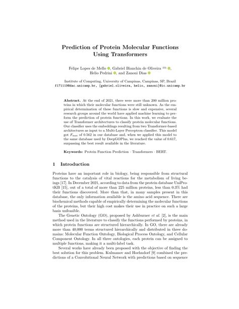 Pdf Prediction Of Protein Molecular Functions Using Transformers