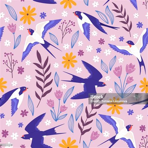 비행 제비 꽃과 식물 빈티지 원활한 패턴 새와 잎이 있는 시골 초원 프린트 벡터 코티지 코어 벽지 고풍스런에 대한 스톡 벡터 아트 및 기타 이미지 Istock