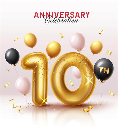 10주년 기념 터 디자인 10번 금색 금속 풍선으로 축하합니다 프리미엄 벡터