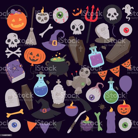 할로윈 축하 및 요술 관련 개체 손으로 그린 벡터 만화 삽화의 컬렉션입니다 묘비에 대한 스톡 벡터 아트 및 기타 이미지 묘비 할로윈 촛불 조명 장비 Istock