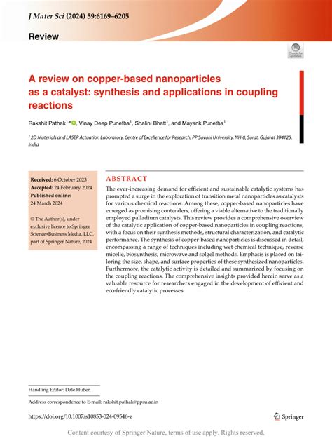 A Review On Copper Based Nanoparticles As A Catalyst Synthesis And Applications In Coupling