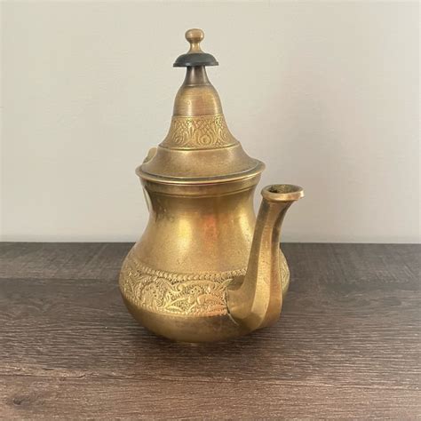 Vintage Mini Solid Brass India Design Footed Teapot Floral Etched Small
