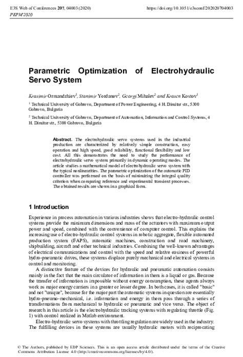 Pdf Parametric Optimization Of Electrohydraulic Servo System