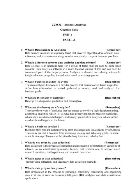 Ccw331 Business Analytics Qb 2 And 16 Marks Ccw331 Business Analytics Question Bank Unit Part