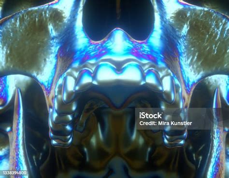 금속 스컬 초현실적 인 이미지 3d 렌더 홀로그램 입을 열었습니다 치아 트렌디 한 디지털 아트 바탕 화면에 대한 배경 화면 3차원 형태에 대한 스톡 사진 및 기타 이미지