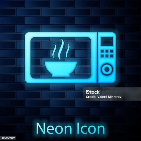 빛나는 네온 전자 렌지 아이콘 벽돌 벽 배경에 고립 가전 제품 아이콘입니다 벡터 일러스트 가정 생활에 대한 스톡 벡터 아트 및 기타 이미지 Istock