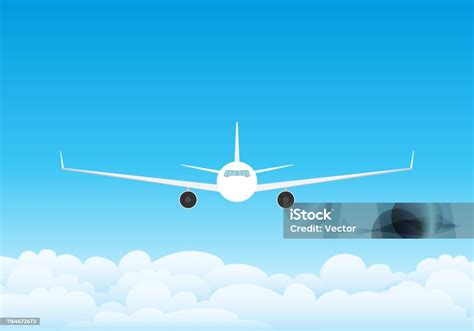 비행기는 푸른 하늘을 배경으로 구름 위를 날아다닌다 구름과 비행 상업 항공기와 하늘 구름과 하늘의 벡터 그림입니다 3차원 형태에 대한 스톡 벡터 아트 및 기타 이미지