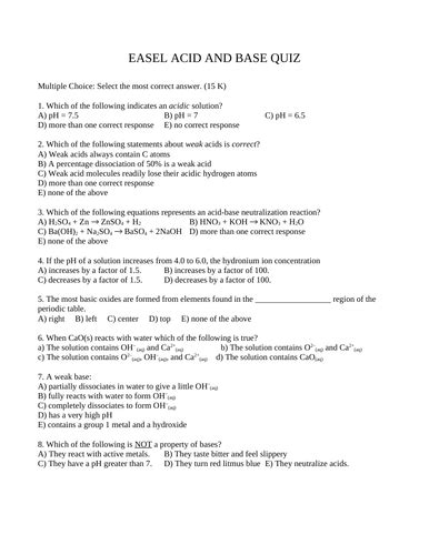 Acid And Base Quiz Acids Bases Quiz Base And Acid Quiz Acids Quiz With Answers 15 M C