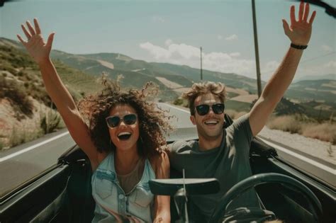 Road Trip Couple Driving Convertible On Rural Highway With Hands Raised