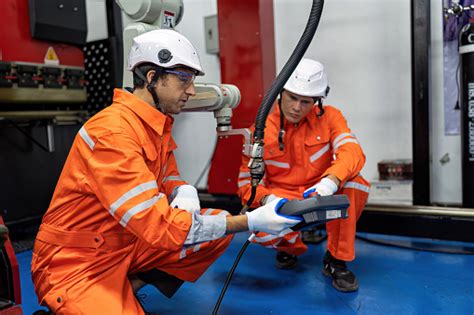 engineer teach trainee operation maintenance and programing robot arm to work on heavy industry