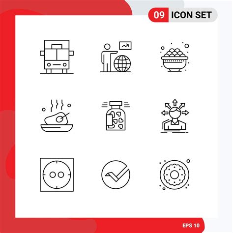 Group Of 9 Modern Outlines Set For Jar Meal Bowl Food Chicken Editable Vector Design Elements