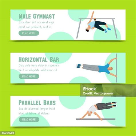 배너 벡터 일러스트의 남성 체조 세트입니다 경쟁 체조 가로 막대 병렬 막대 균형 빔 운동 선수 남자 다른 포즈에서 남자를 운동 스포츠맨 훈련 건강관리와 의술에 대한 스톡
