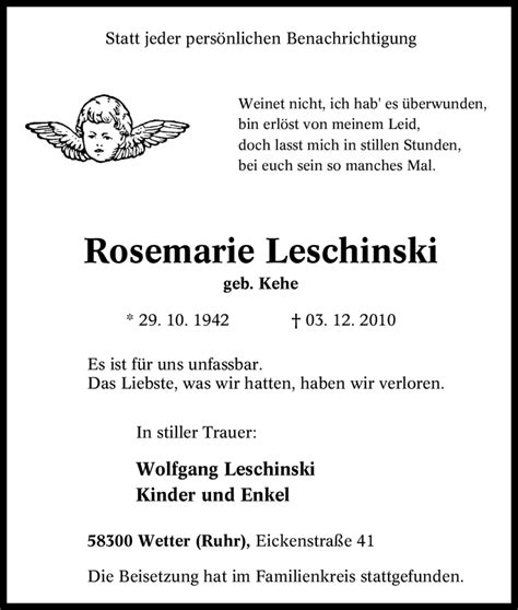 Traueranzeigen Von Rosemarie Leschinski Trauer In Nrw De
