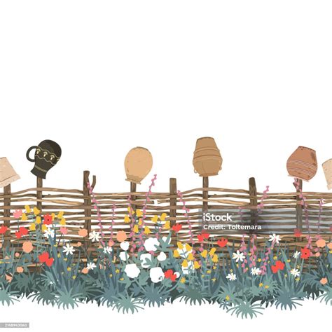 꽃과 고리 버들 세공 울타리 유연한 버드 나무 또는 개암 나무로 만든 빈티지 점토 냄비 완벽 한 패턴 벡터 고립 된 그림으로 장식되어 있습니다 목제 국경 디자인 요소 공예에