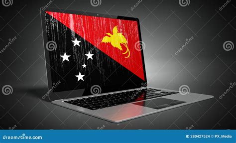 Papua New Guinea Country Flag And Binary Code On Laptop Screen Stock