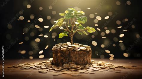 Money Tree A Living Tree Is Sprouting From Piles Of Money American Dollars On A Bonsai Tree