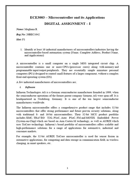 Ece3003 Microcontroller And Its Applications Digital Assignment I Pdf Microcontroller